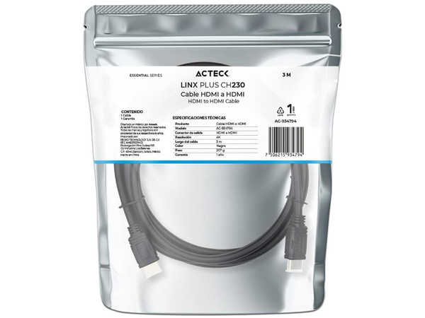 Cable Acteck HDMI a HDMI LINX PLUS, 4k, Alta velocidad 10.2 Gbps, 3mts, ARC, Ethernet, UPC, 32 AWG.