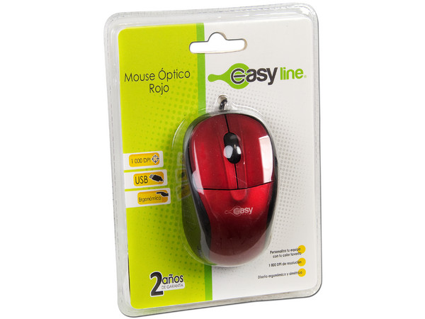 Mouse Easy Line Óptico, USB, Color Rojo.