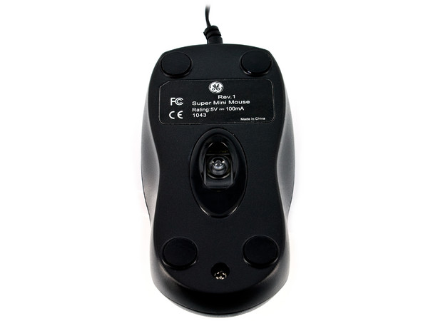 Ultra Mini Mouse General Electric, Óptico, cable retráctil USB. Color Negro