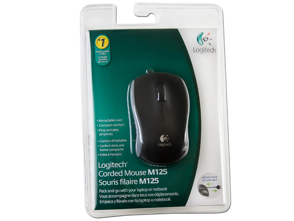 Mini Mouse Logitech M125 Óptico, retráctil USB. Color Negro
