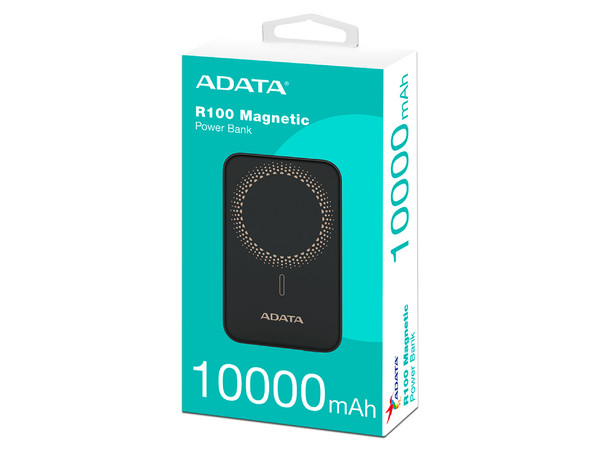 Batería Portátil Recargable ADATA R100 de 10000mAh, Carga Inalámbrica, USB-C, USB-A. Color Negro.