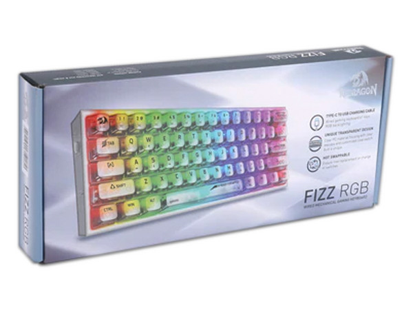 Teclado Mecánico Gamer Redragon Fizz Transparente K617 RGB, Factor de forma 60%. Color Transparente