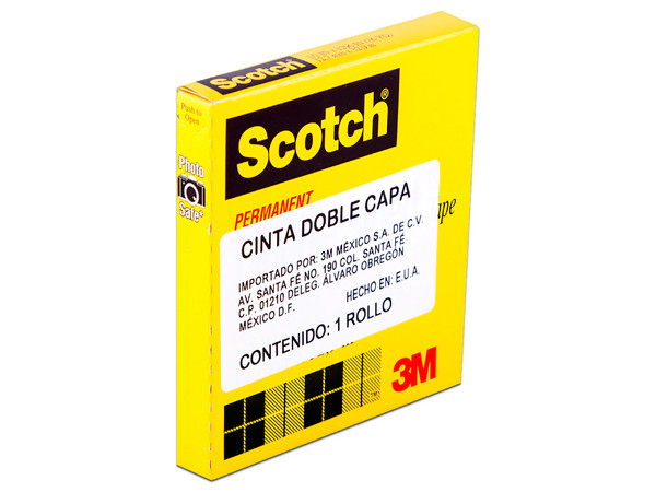 Cinta Adhesiva Scotch 3M Doble Cara, 12mm x 33m, 1 pieza.
