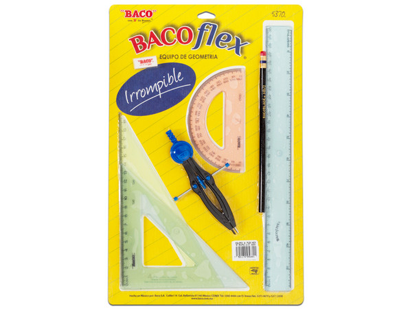 Juego de Geometría Baco EQ009, Flexible, Incluye Escuadra, transportador, regla y compás.