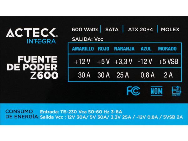 Fuente de Poder Acteck Integra Power-S Z600 de 600W, ATX.