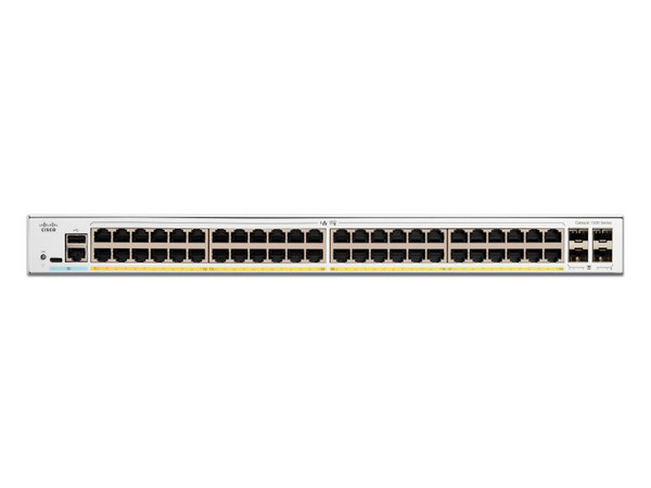 Switch Cisco Catalyst 1300, con 48 puertos Gigabit Ethernet, PoE+, 4 Puertos SFP. Color Blanco