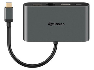 Adaptador Steren USB-C a HDMI, USB 3.0, USB-C y RJ45, color negro.