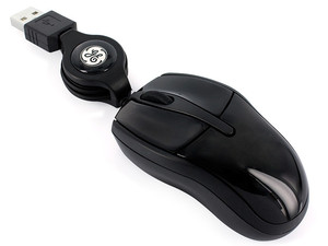 Ultra Mini Mouse General Electric, Óptico, cable retráctil USB. Color Negro