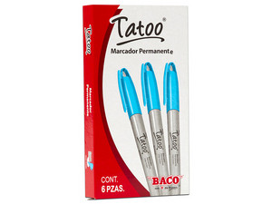 Marcador permanente BACO Tatoo, Punto fino, 6 pzas, Color Azul Claro.