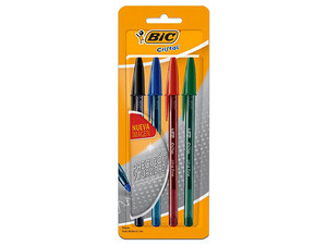 Bolígrafo BIC Cristal, Ultrafino, Punta de 0.7mm, 4 pzas, Colores Surtidos.