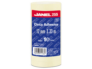 Cinta Adhesiva Janel 255 de 12 x 33mm, transparente. Paquete con 10 piezas